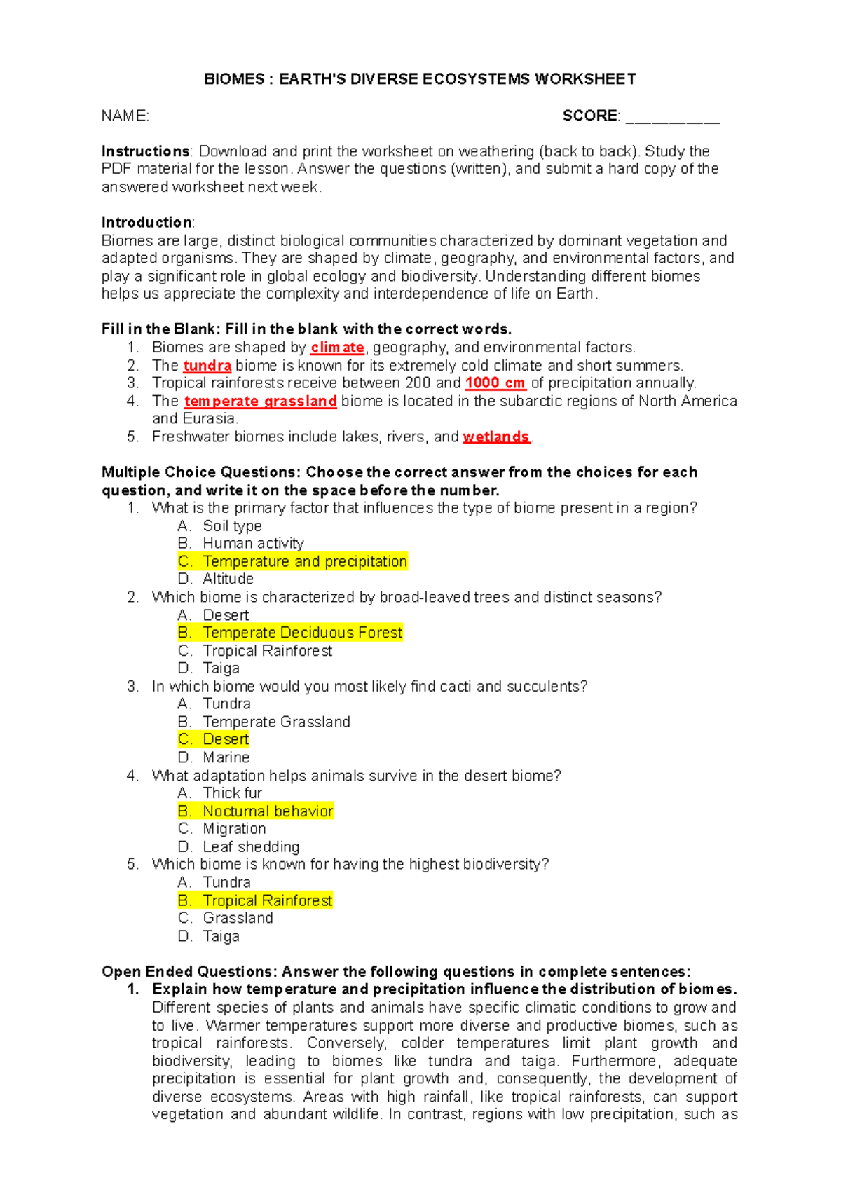 Biomes Worksheet for Understanding Earth's Ecosystems - Studocu