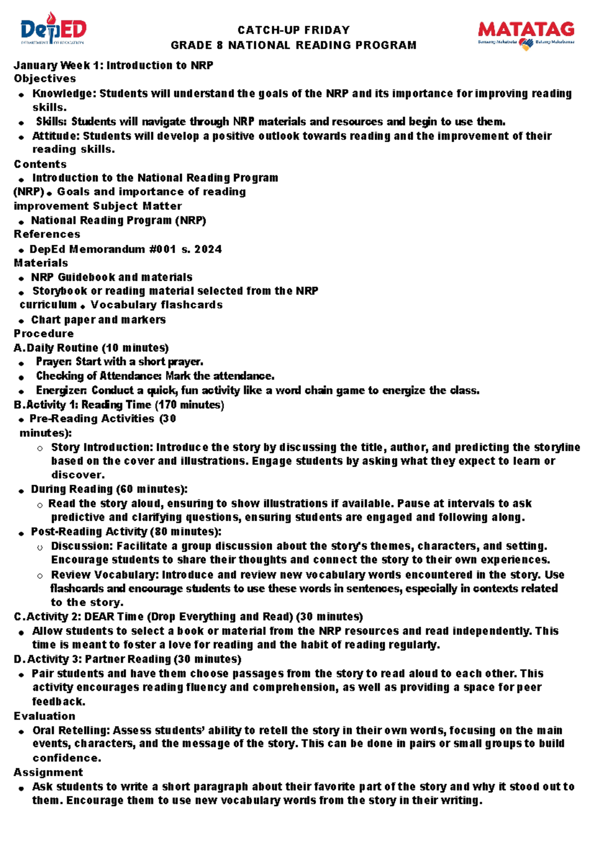 Grade 8 NRP - Comprehensive Reading Program Overview and Activities ...