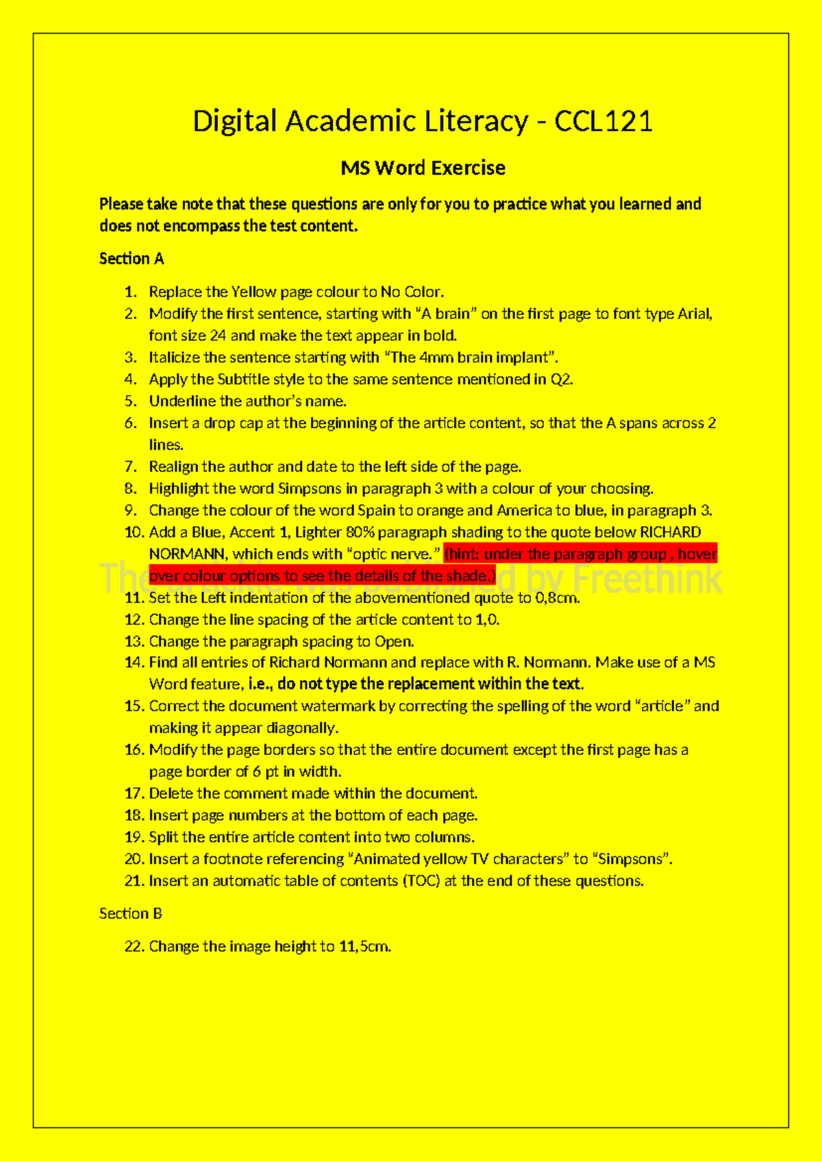 Digital Academic Literacy CCL121 MS Word Exercise Practice Guide - Studocu