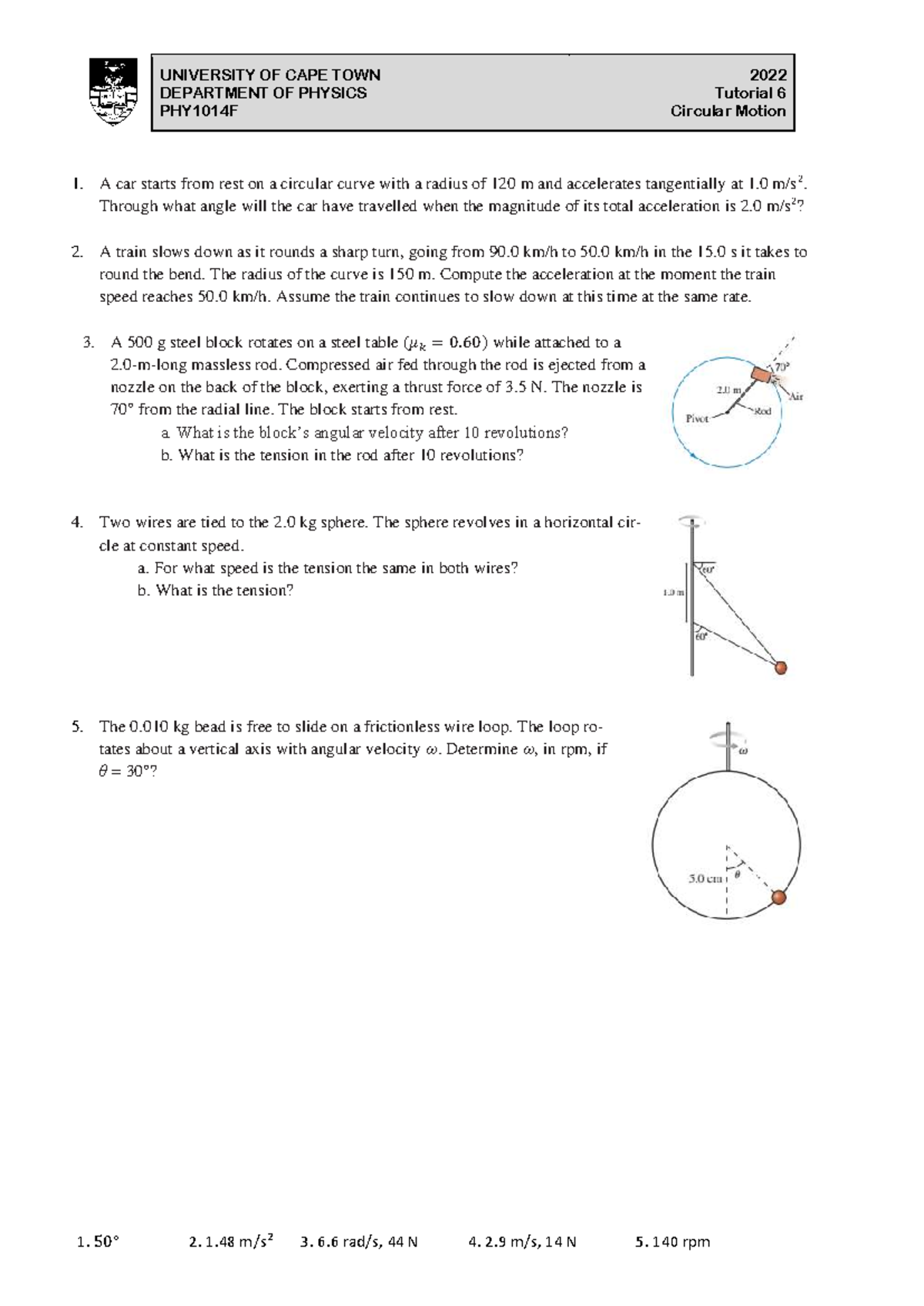 PHY1014F 2022 Tutorial 6: Circular Motion Problems and Solutions - Studocu