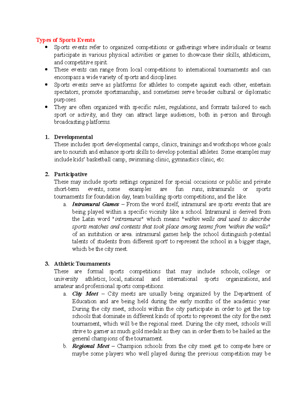 Types of Sports Events Module: A Comprehensive Overview - Studocu