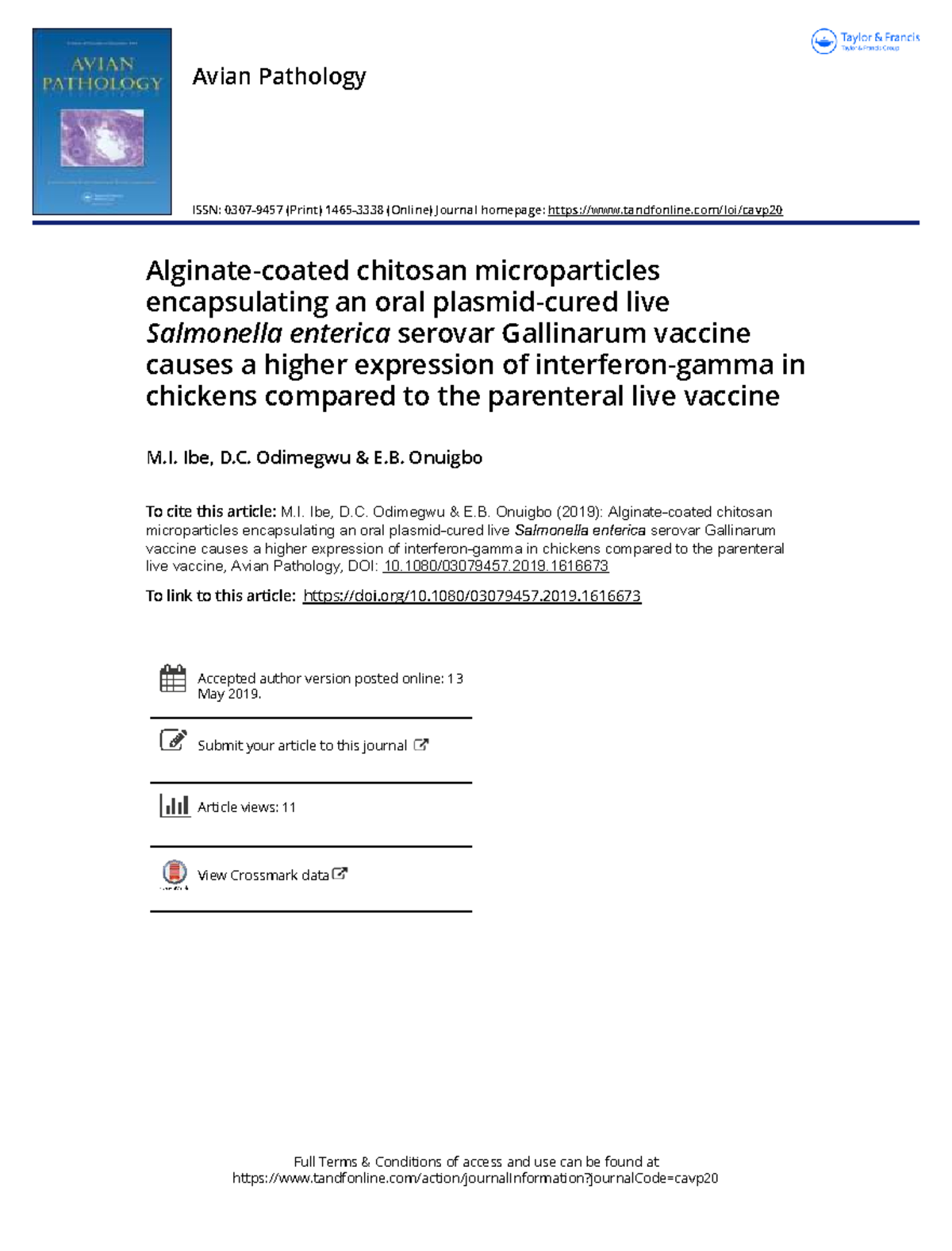 Alginate-Coated Chitosan Microparticles for Oral S. Gallinarum Vaccine ...