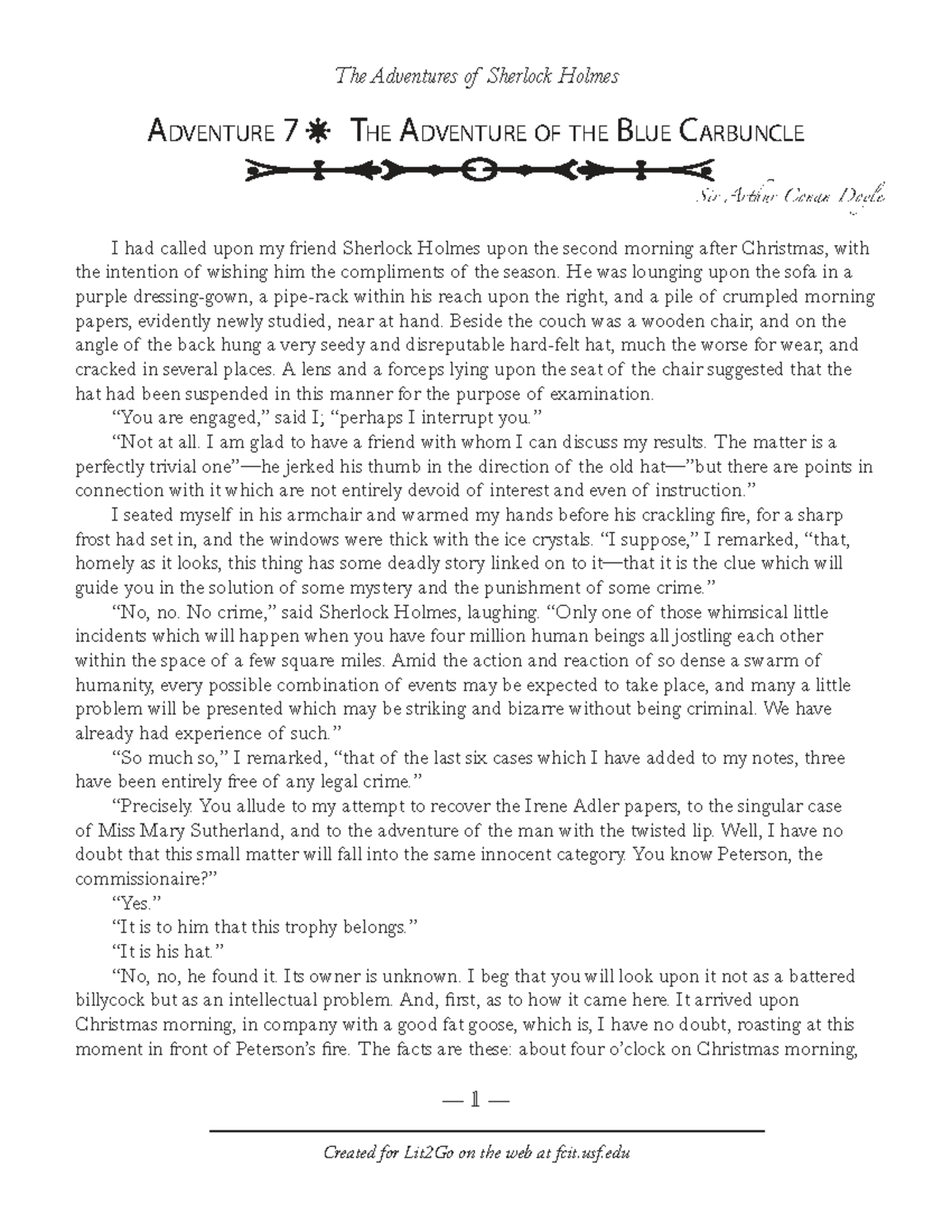 Sherlock Holmes Adventure 7: The Blue Carbuncle Analysis (Lit2Go) - Studocu