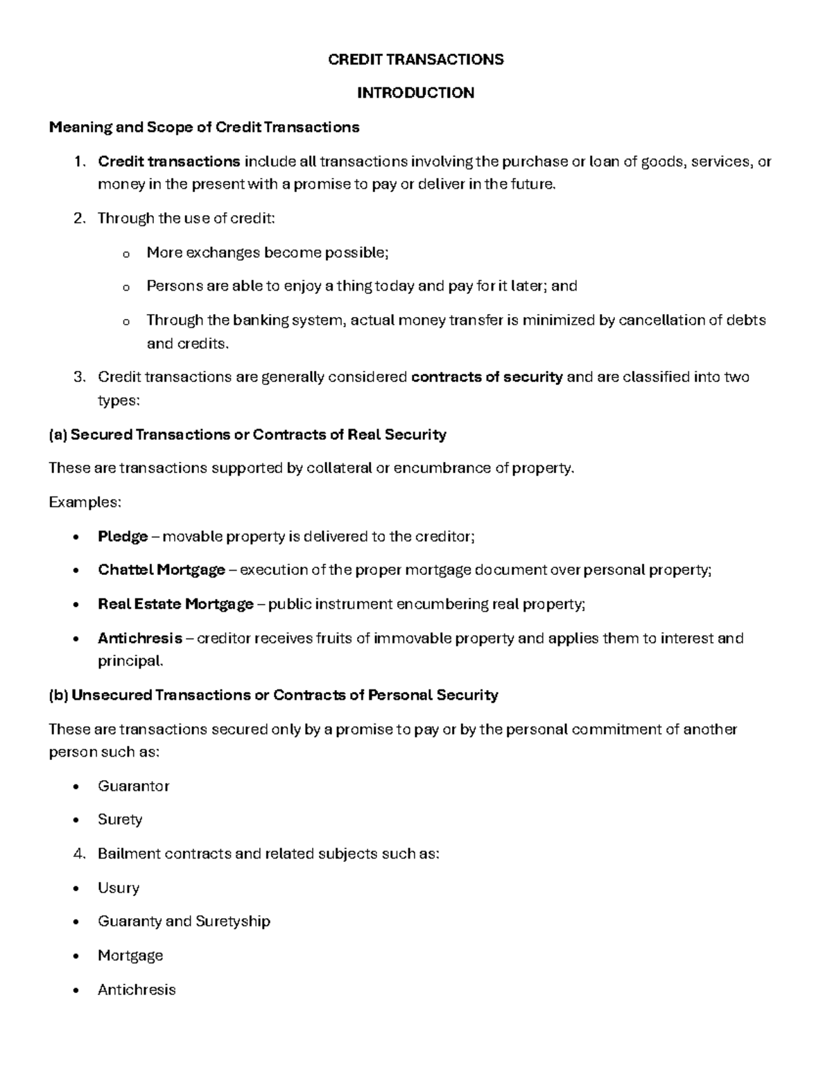 CREDIT TRANSACTIONS NOTES: Meaning, Types, and Security Concepts - Studocu