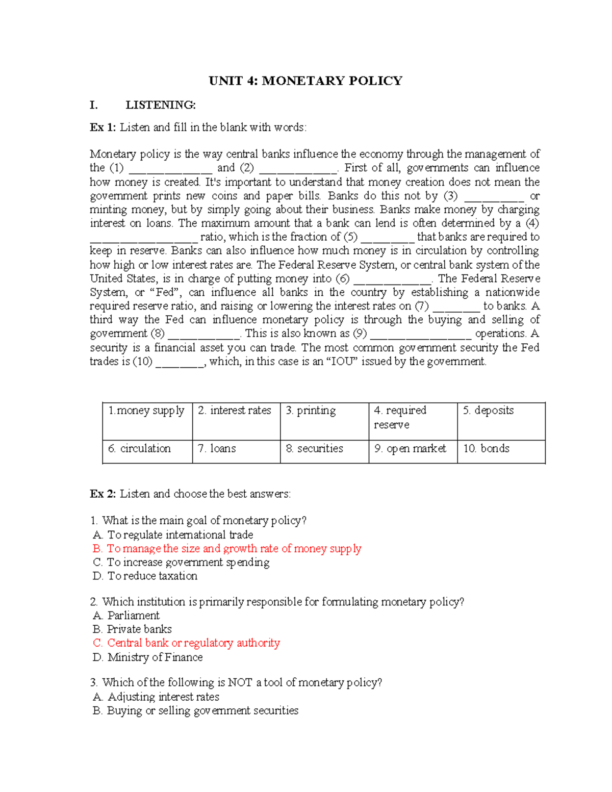 TACN-U4: Monetary Policy Listening Exercises and Key Concepts - Studocu