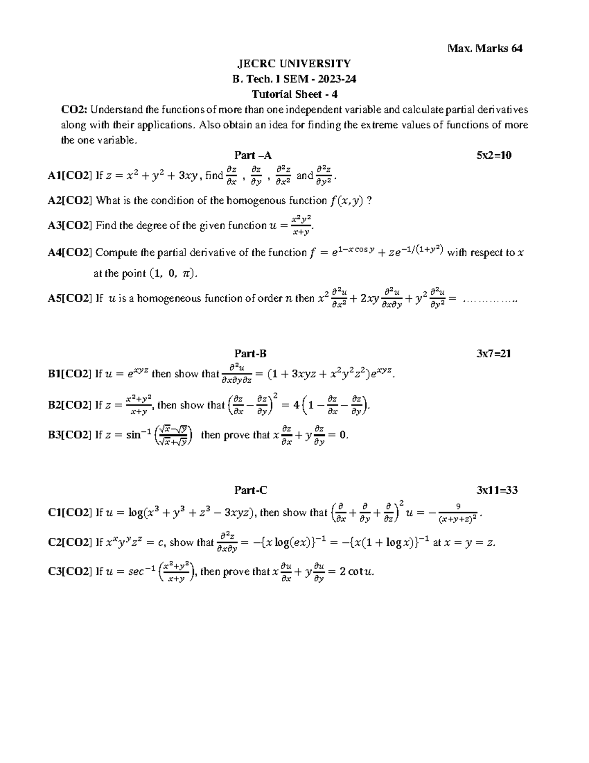 Tutorial Sheet 4 - B.Tech CSE (DAM001AC): Functions of Multiple ...