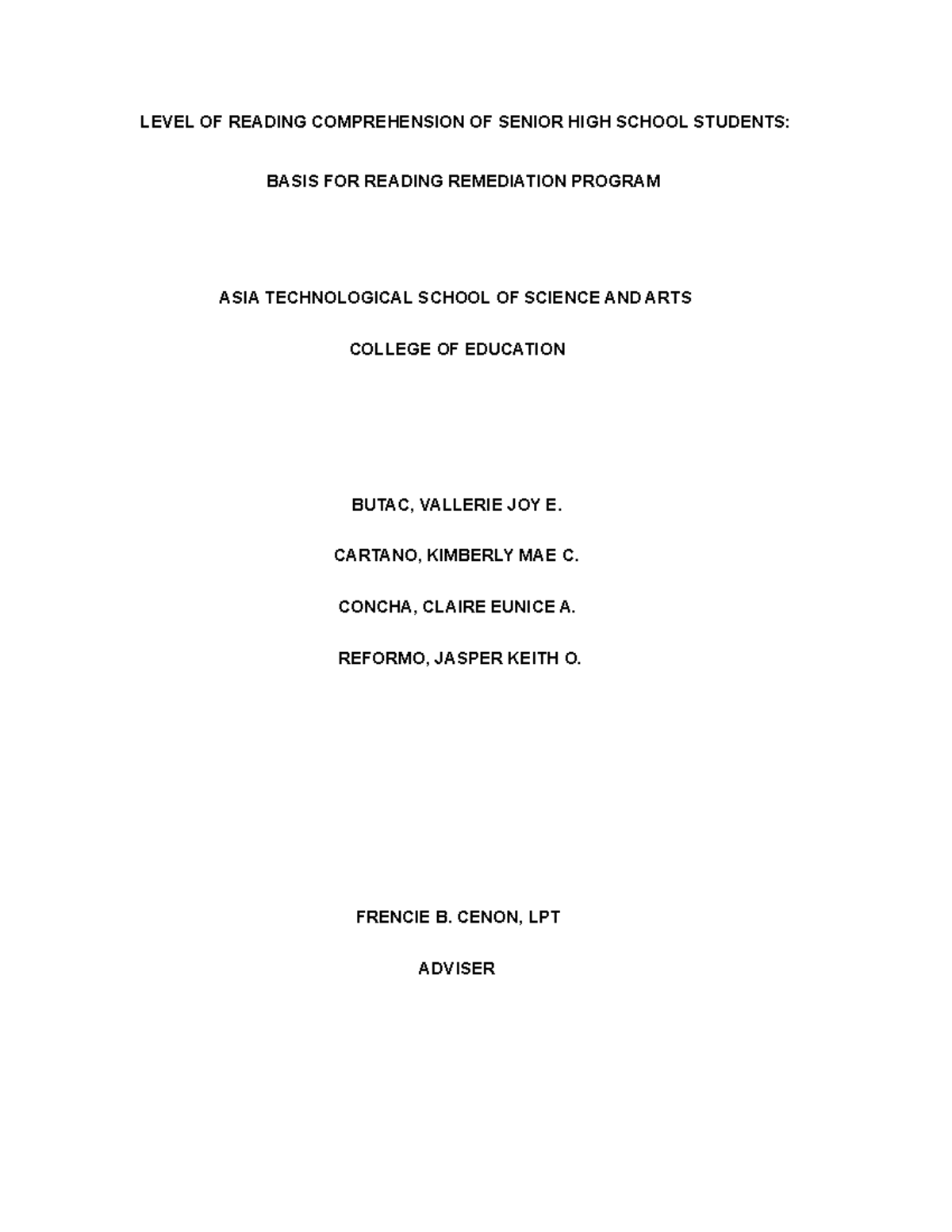 Levels of Reading Comprehension in Senior High School: Chapters 1-3 ...