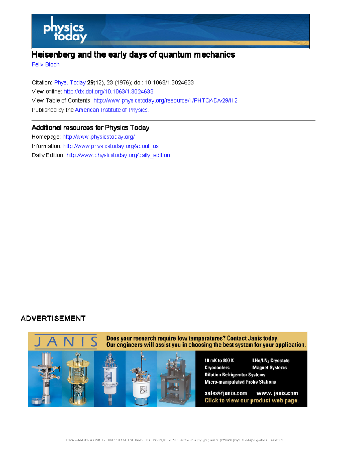 Reminiscences of Quantum Mechanics: Insights from Felix Bloch (1976 ...