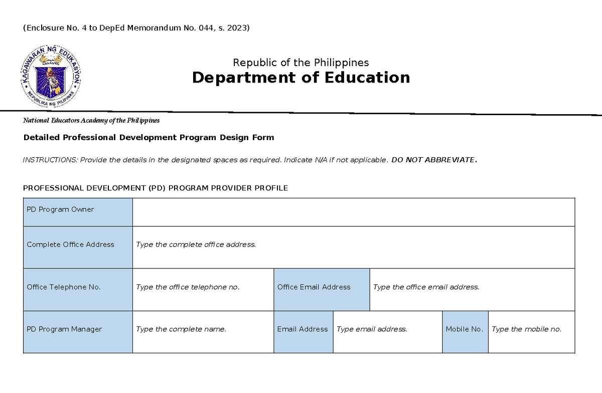Enclosure No. 4: Detailed PD Program Design & M&E Plan Form (DepEd Memo 044, s. - Studocu