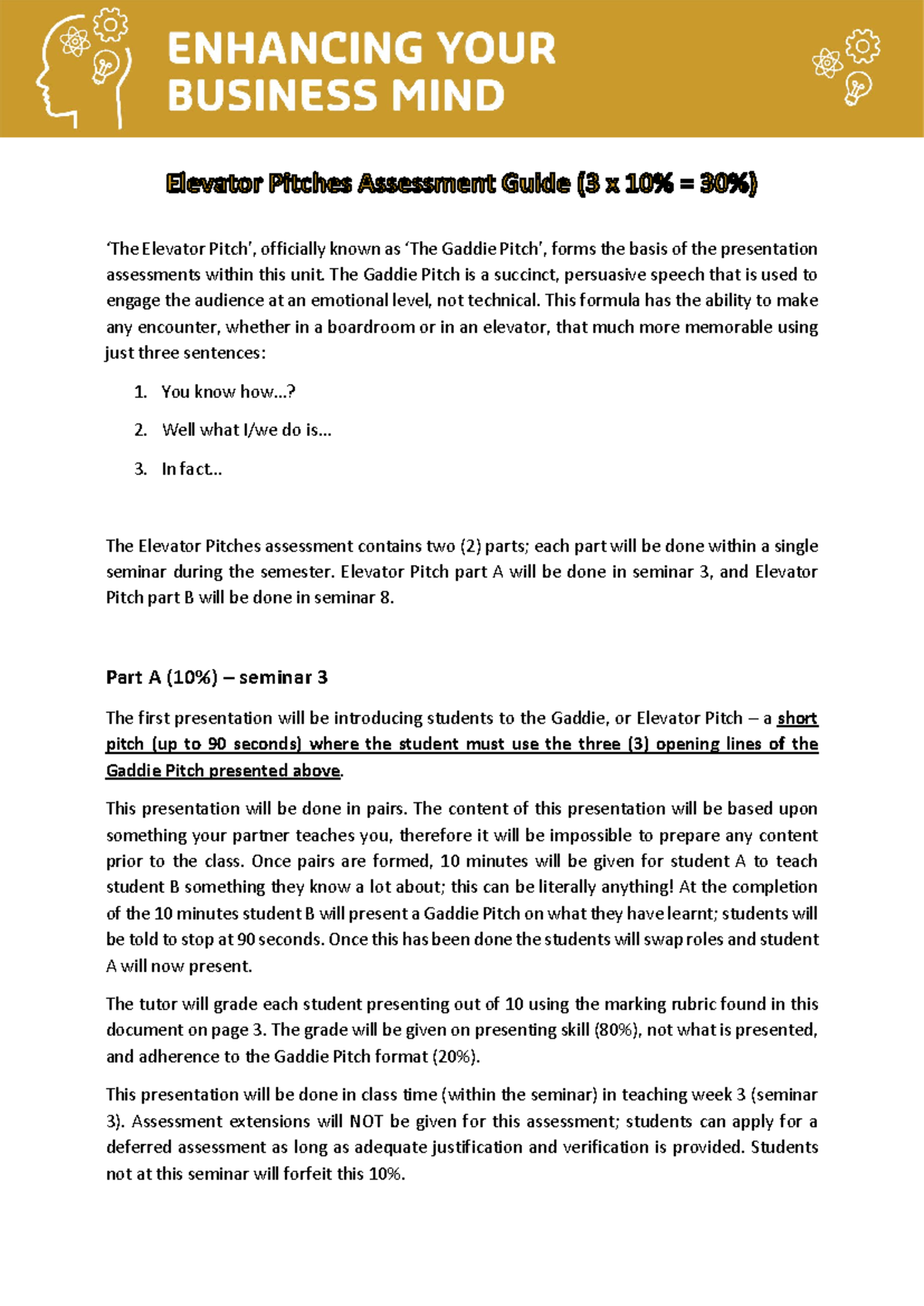 EYBM Elevator Pitches (30%) Assessment Guide and Feedback - Studocu
