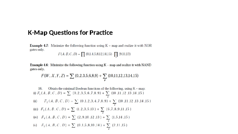 K-Map Practice Questions for Boolean Functions and Gate Realizations ...