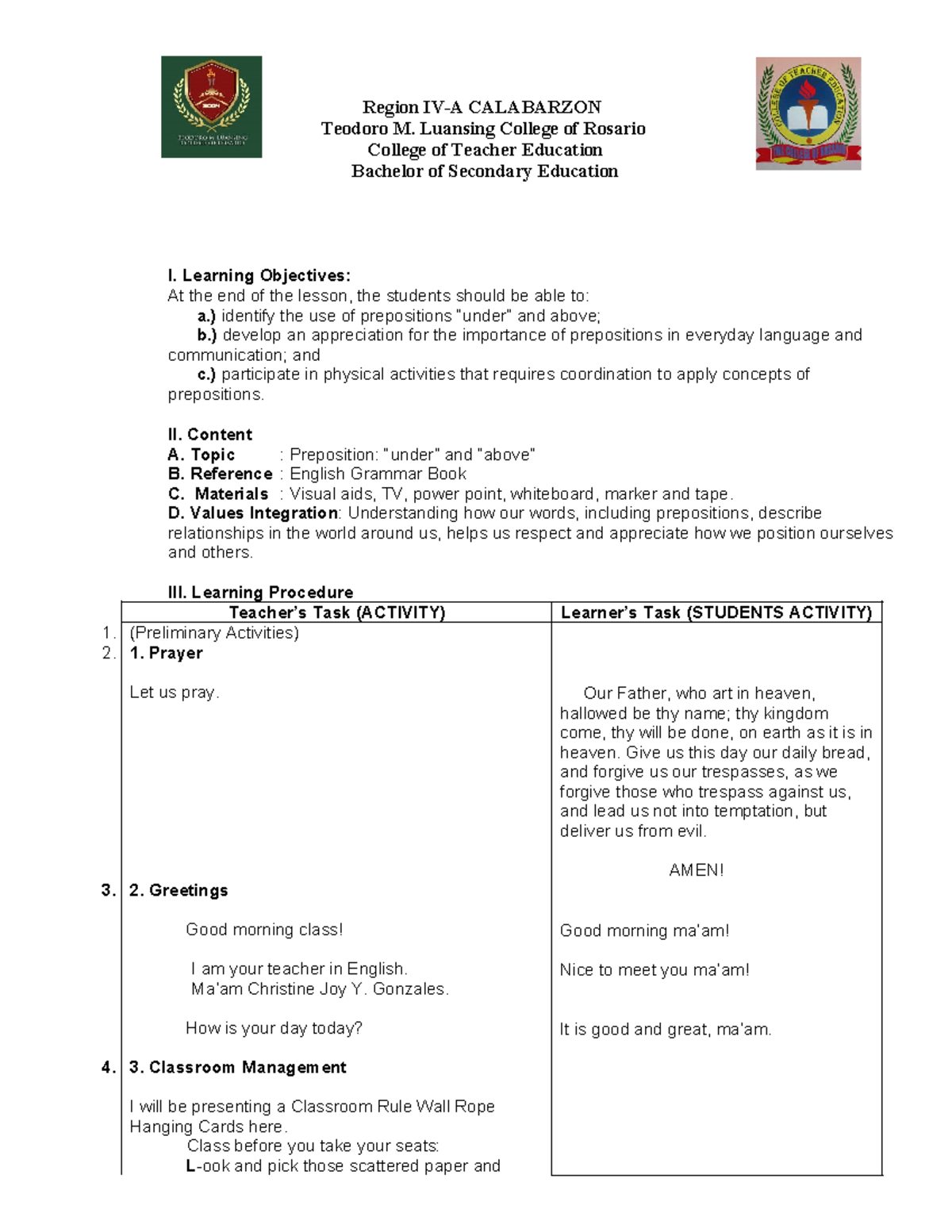 Lesson Plan: Understanding Prepositions (Under & Above) - BSE I - Studocu