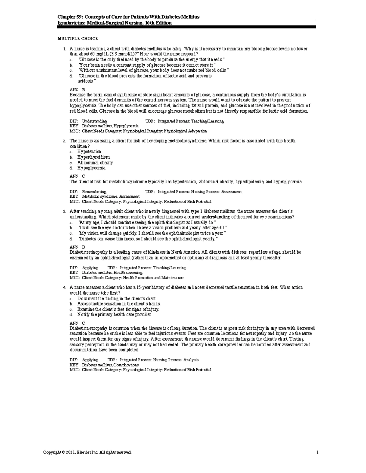 Chapter 59 NCLEX Review: Concepts of Care for Diabetes Mellitus - Studocu