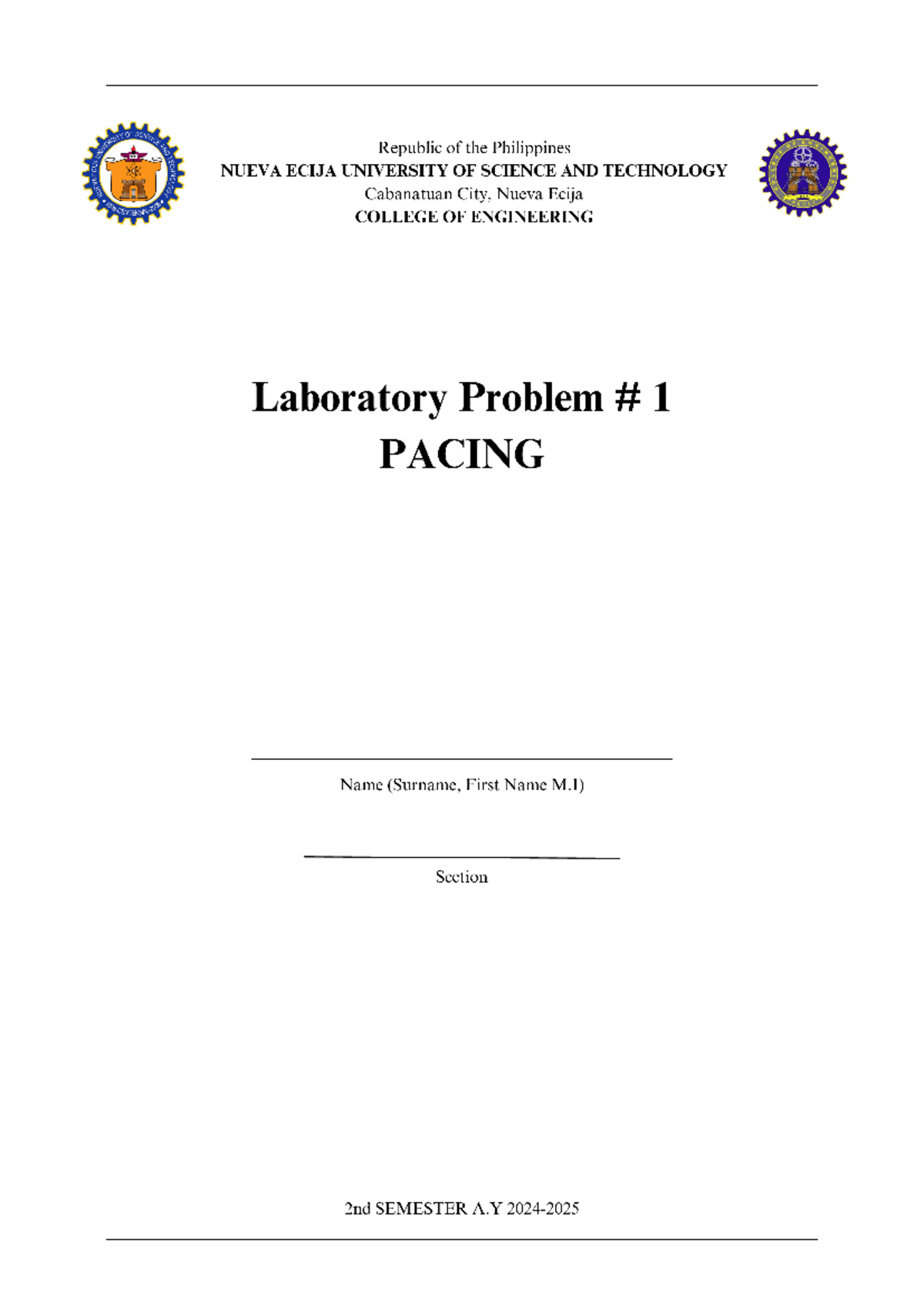 LAB 1 Template 1 - Twyte - PROBLEM: PACING OBJECTIVES: a. to determine ...