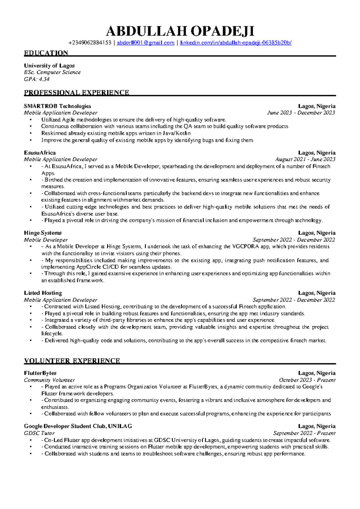 Flutter Developer Resume: Abdullah Opadeji - Mobile App Specialist ...