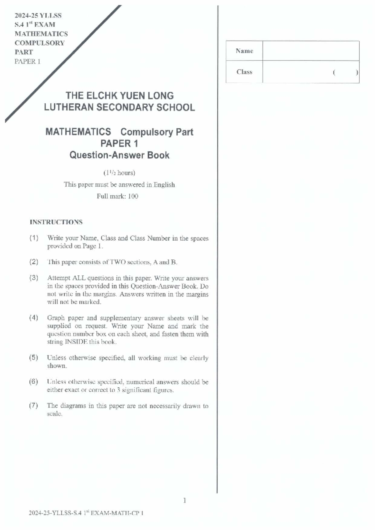 2425 T1 S4 Mathematics 1st Exam Paper 1 QA Book - Studocu