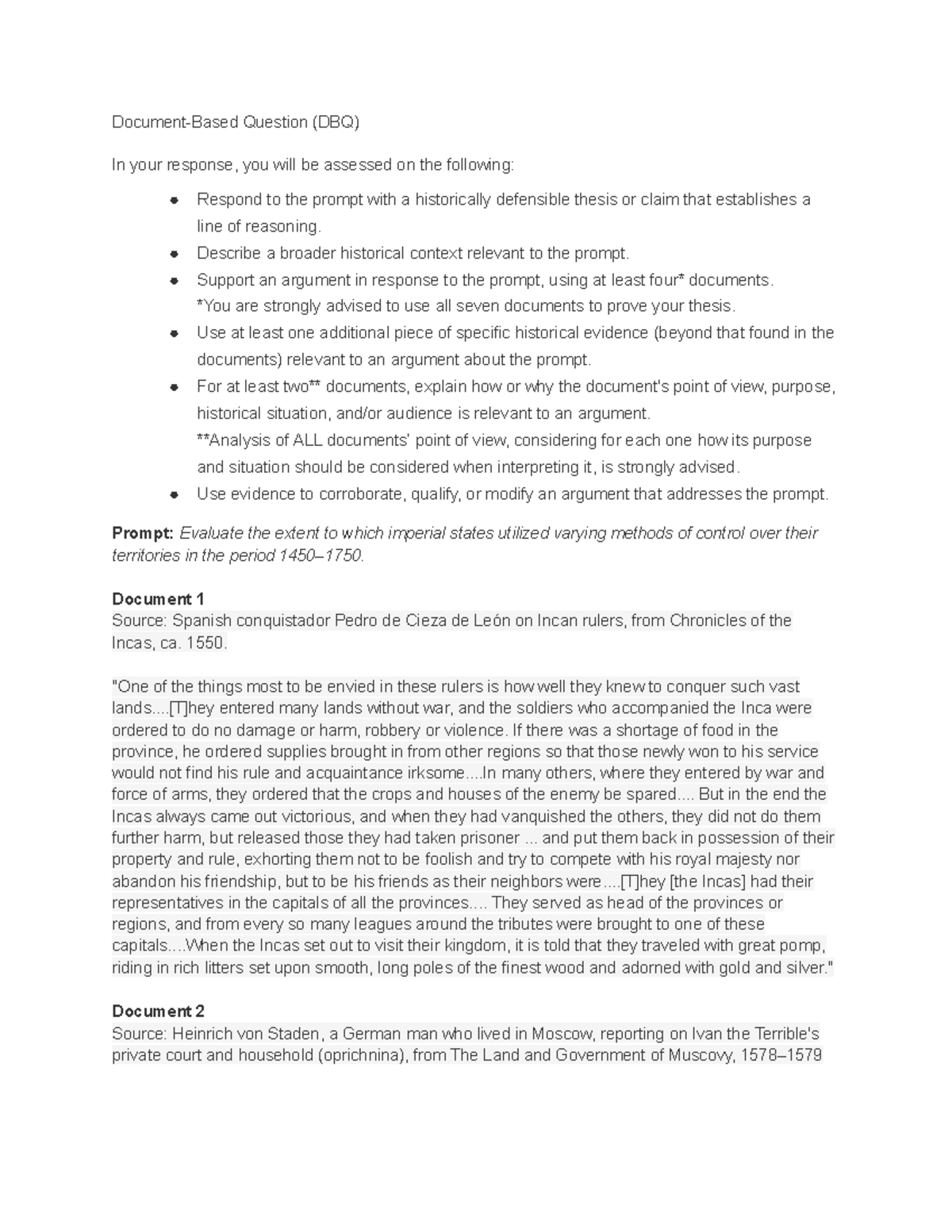 Document-Based Question (DBQ) - Describe a broader historical context relevant to the prompt ...