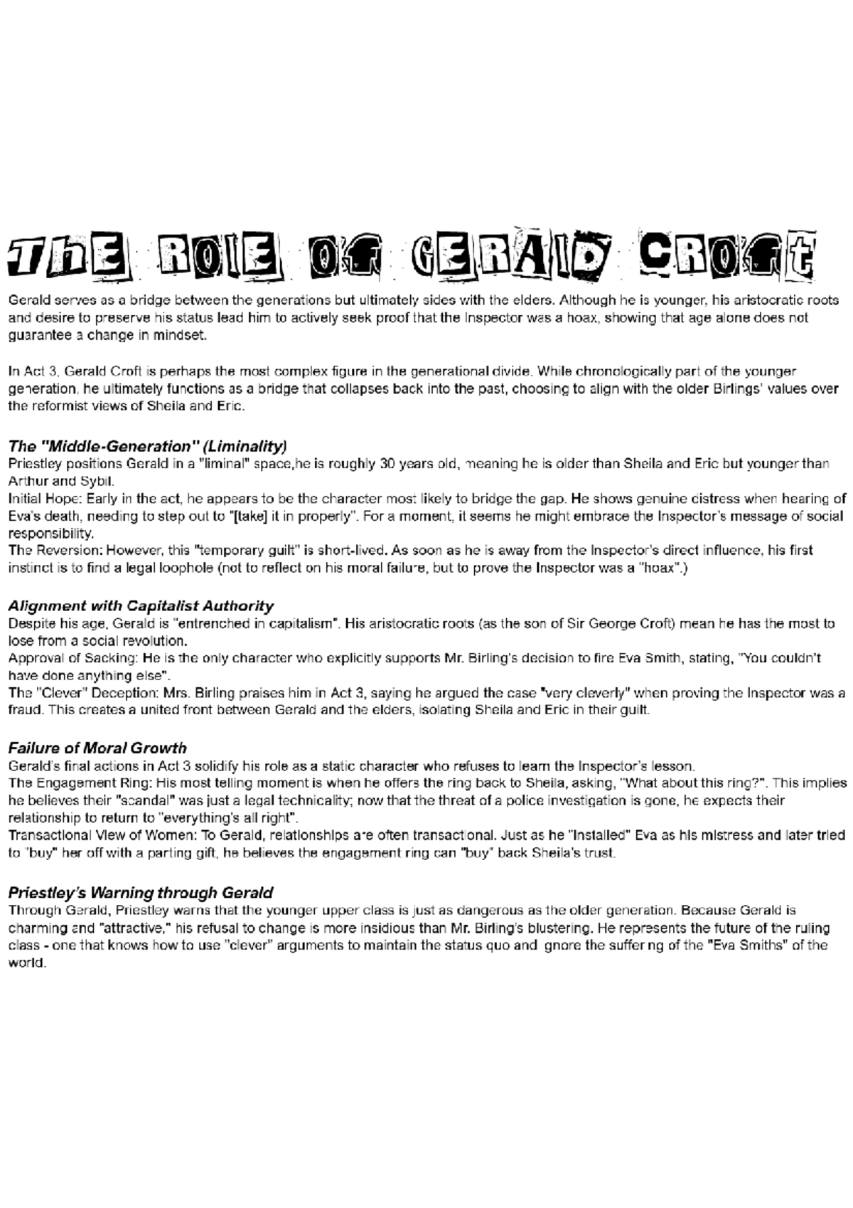 The Role of Gerald Croft: A Study of Generational Conflict in AIC - Studocu