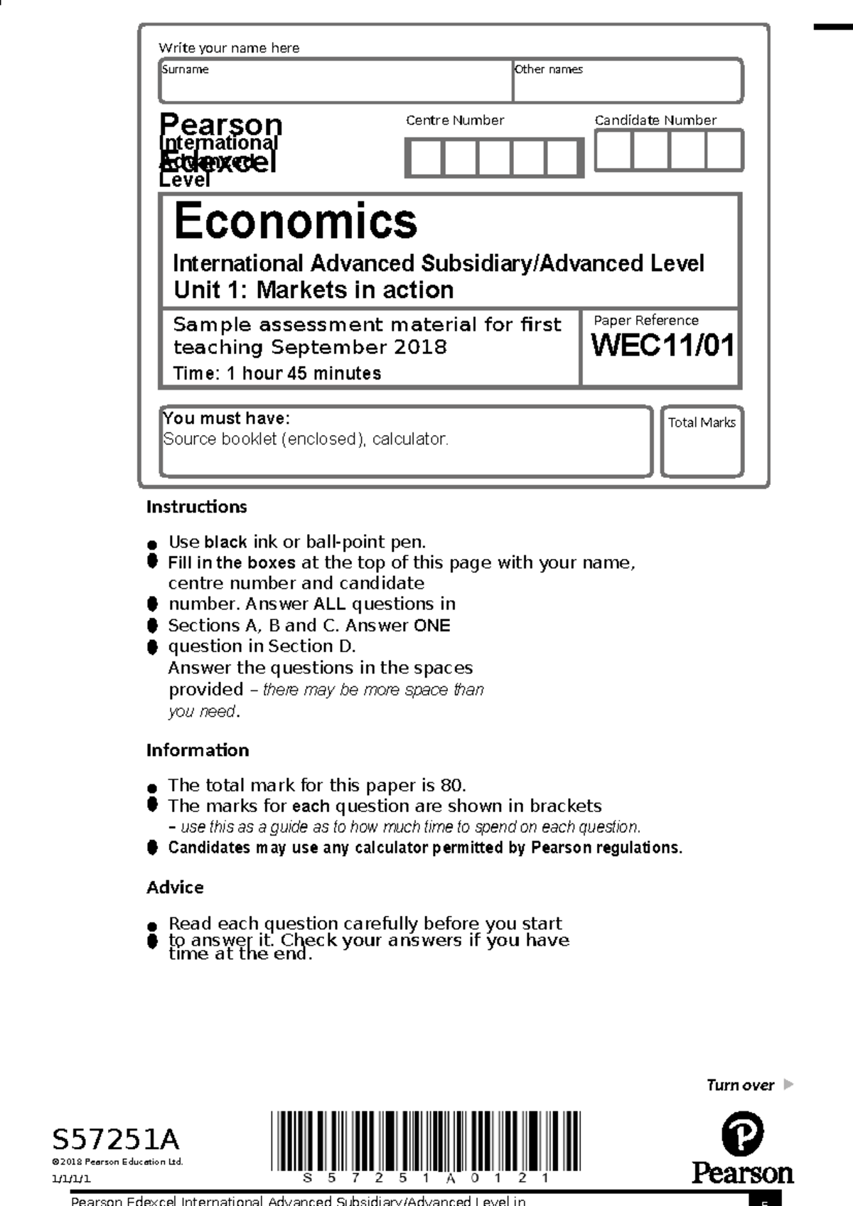 Pearson Edexcel IAL Economics Unit 1: Markets in Action Sample Paper ...