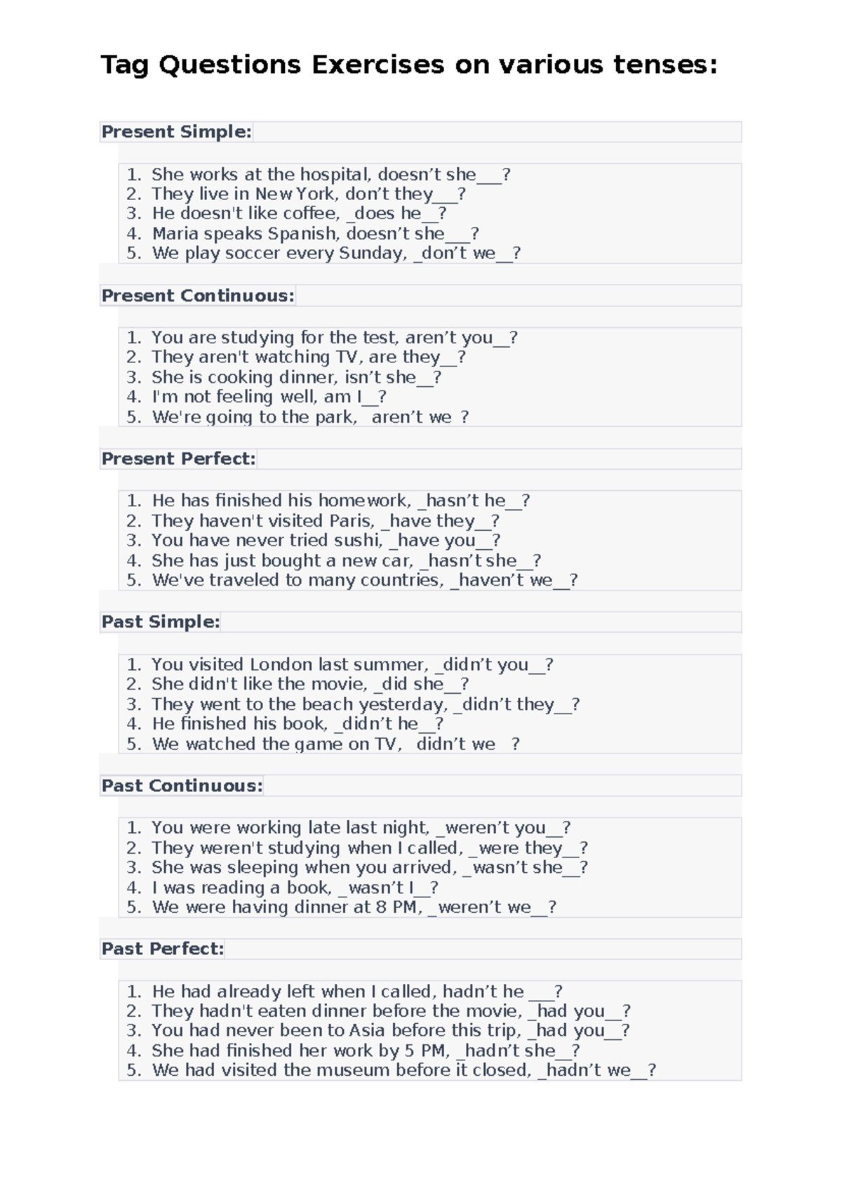 Tag Questions Exercises Across All Tenses - ENG 101 - Studeersnel