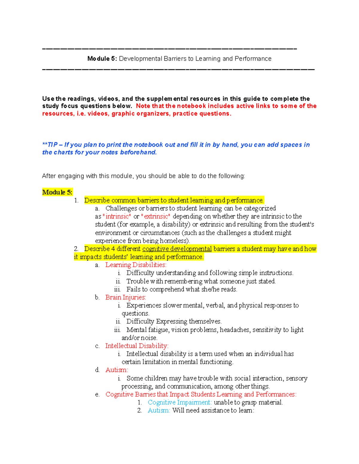 WGU-D094 Module 5: Developmental Barriers to Learning & Performance ...