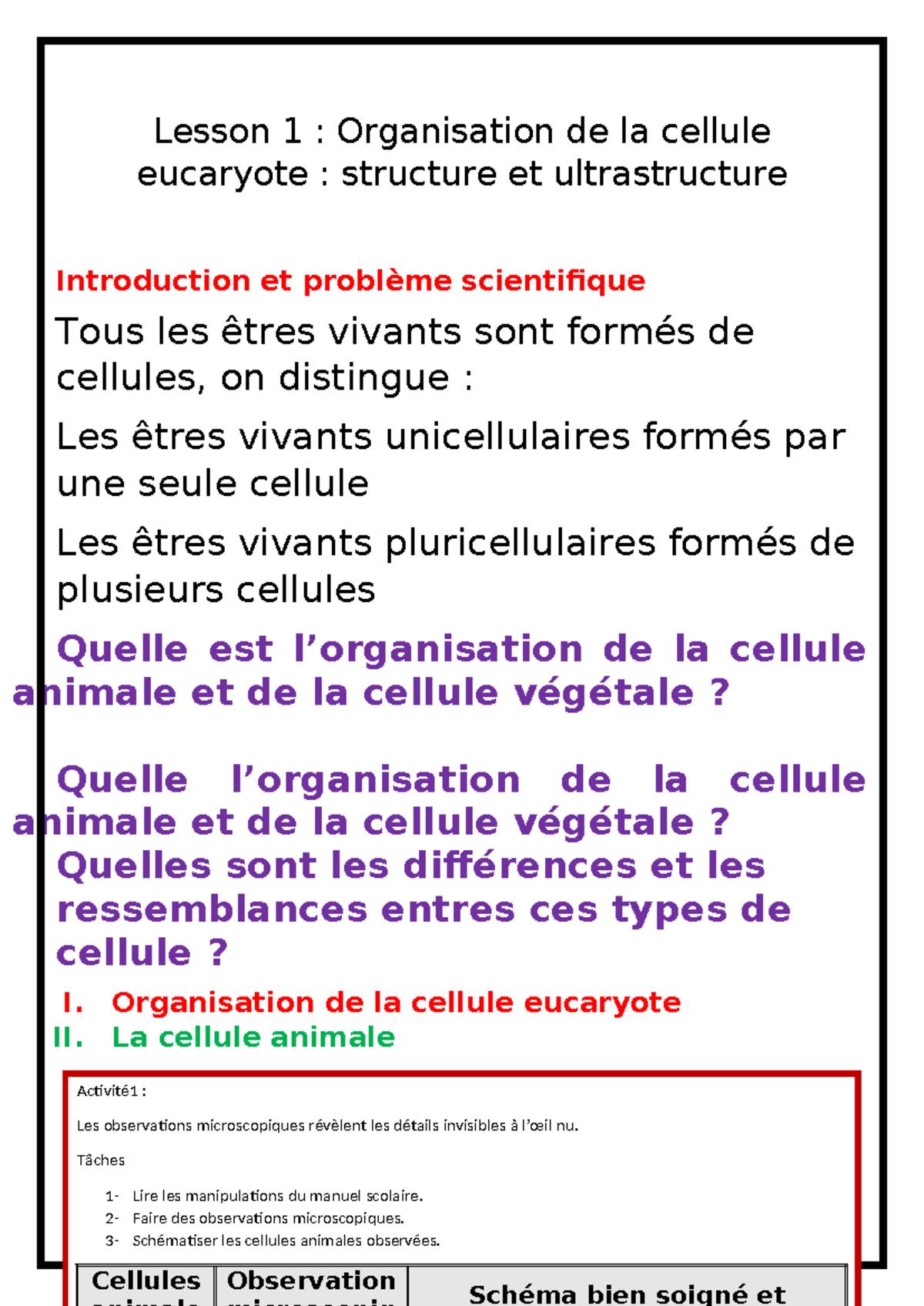 Cours SVT : Leçon 1 - Organisation et Ultrastructure des Cellules ...