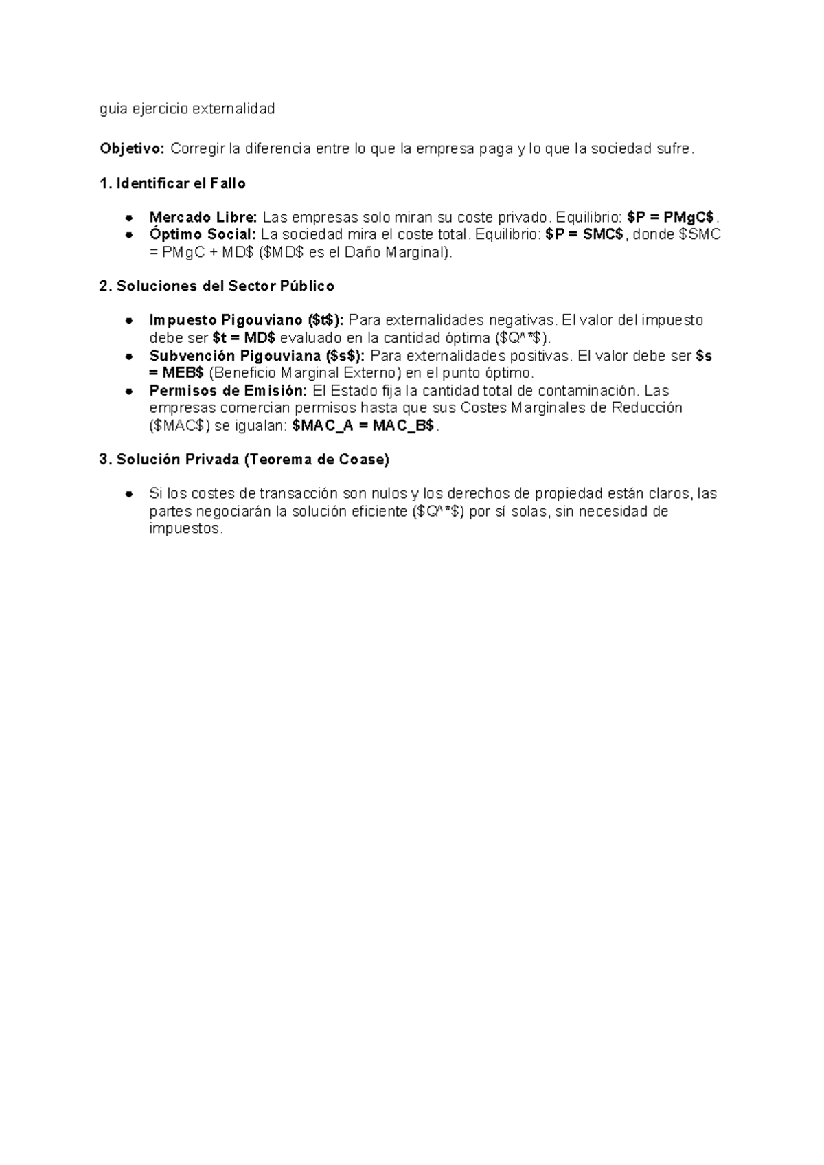 Guía de Ejercicio sobre Externalidades y Soluciones Económicas - Studocu
