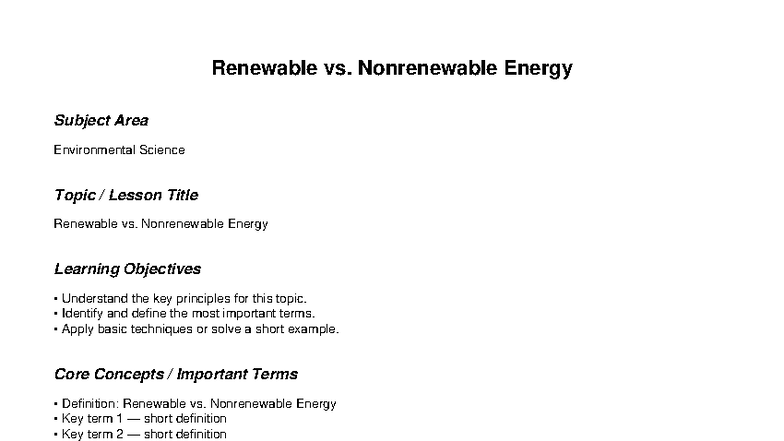 44 - Renewable vs. Nonrenewable Energy Lesson Notes (Env Sci) - Studocu