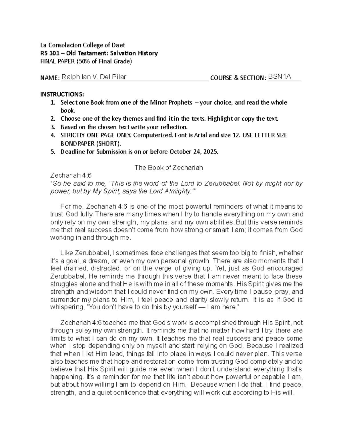 RS 101 Old Testament: Salvation History Final Paper on Zechariah - Studocu