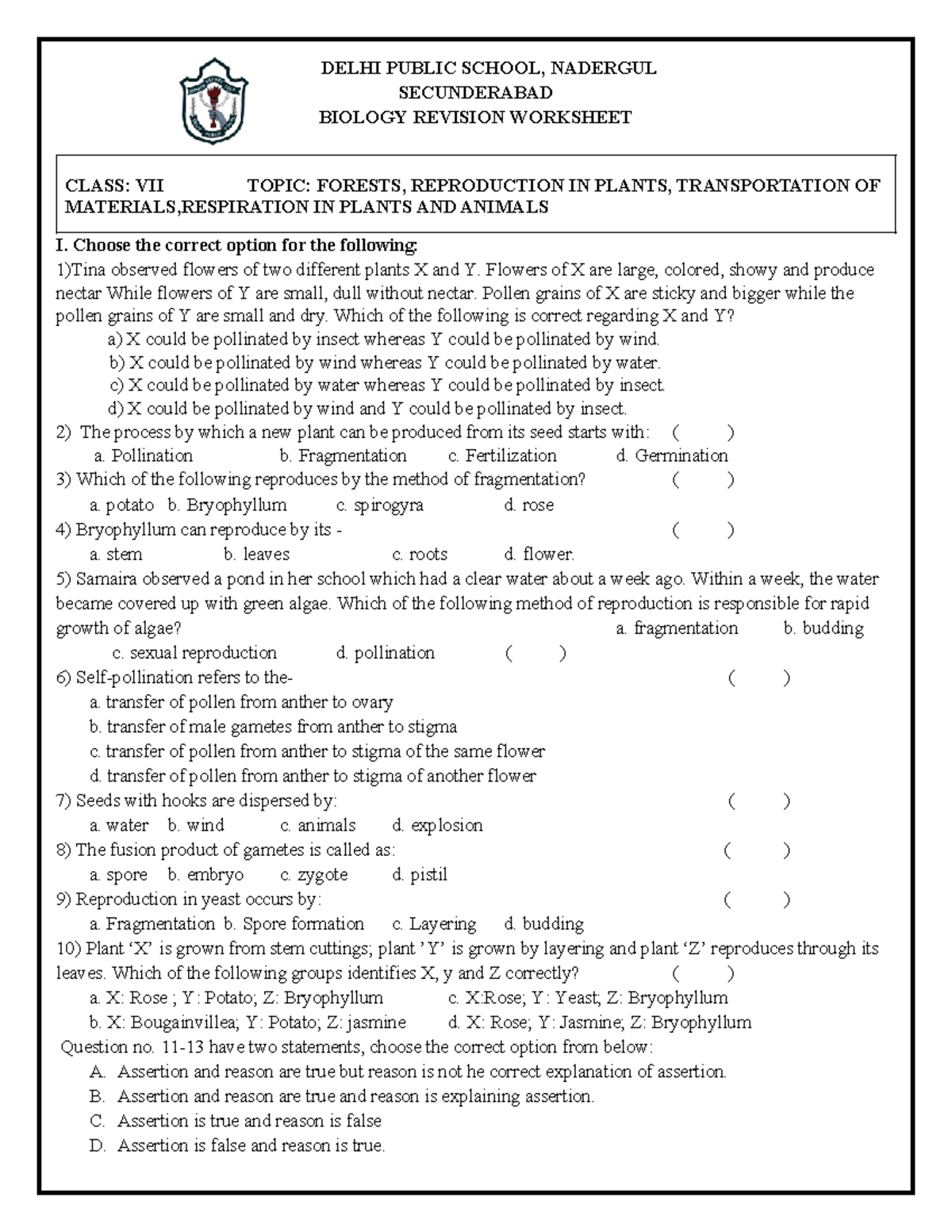 Grade 7 Biology Final Revision Worksheet: Forests, Reproduction, and ...