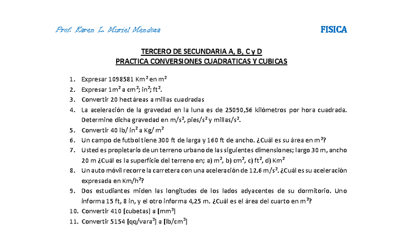 Práctica de Conversiones Cuadráticas y Cúbicas FISICA TERCERO A, B, C y ...