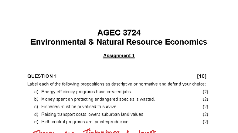 AGEC 3724 Environmental Natural Resource Economics Assignment 1 ...