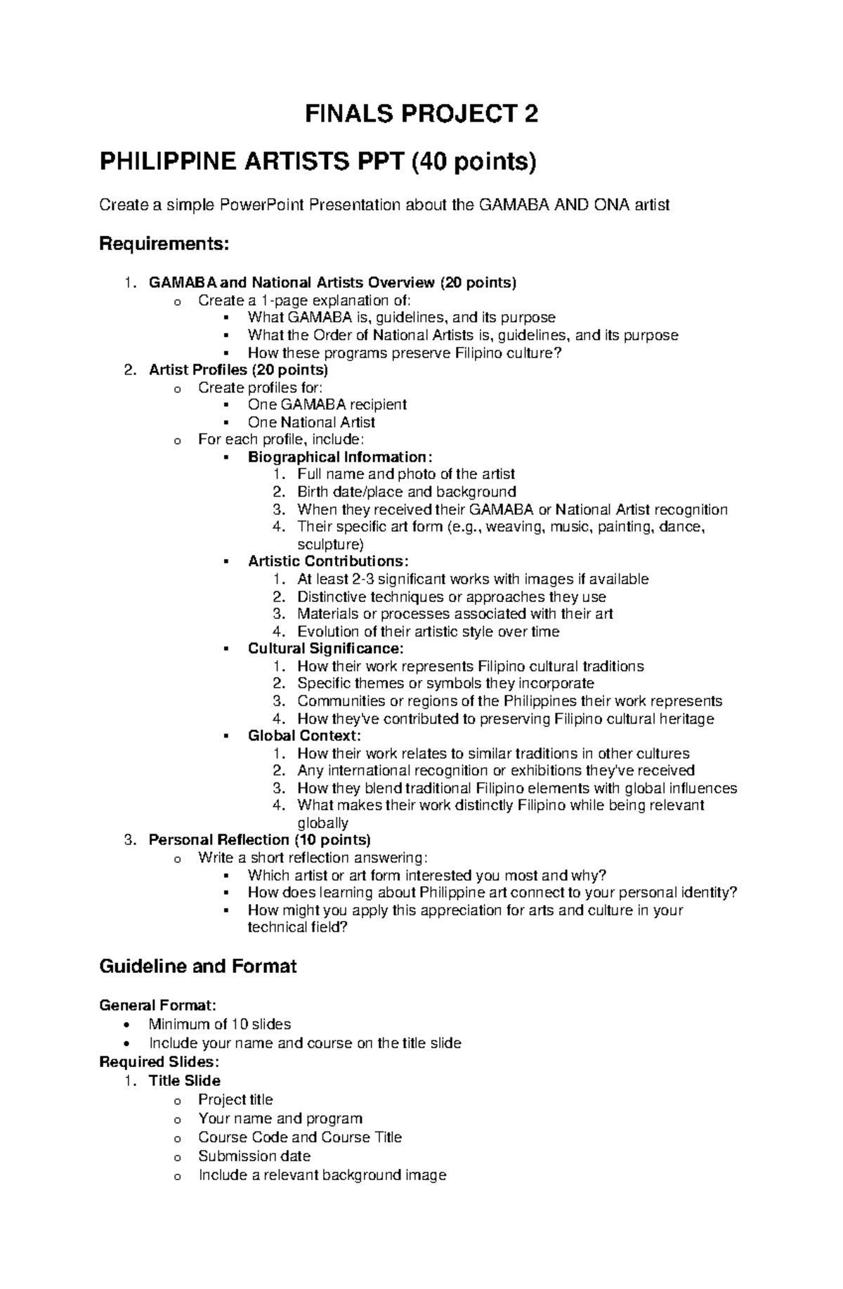 Finals Project 2: GAMABA & National Artists PPT Overview (40 pts) - Studocu