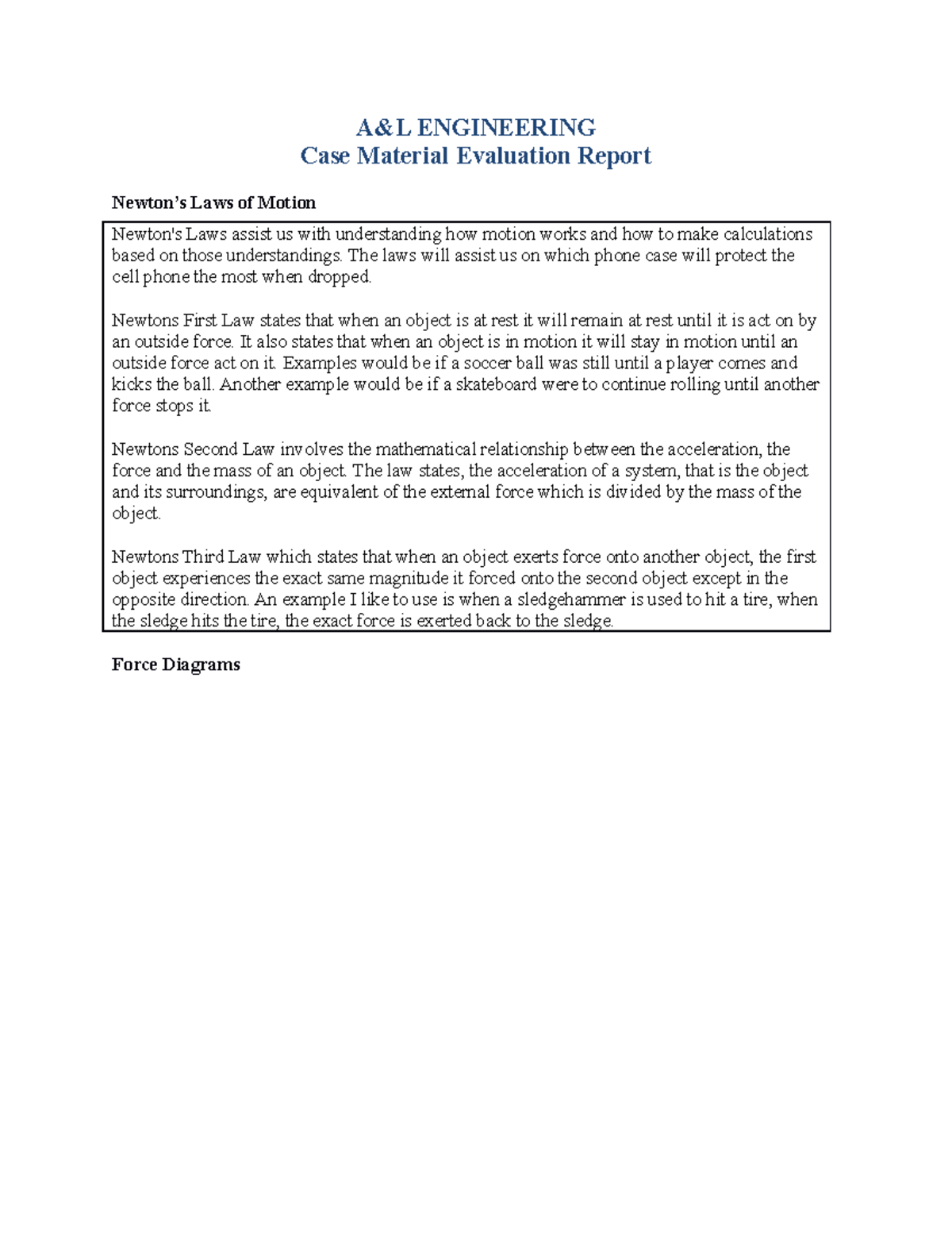PHY 150 Project Two Case Material Evaluation Report Template - A&L ...
