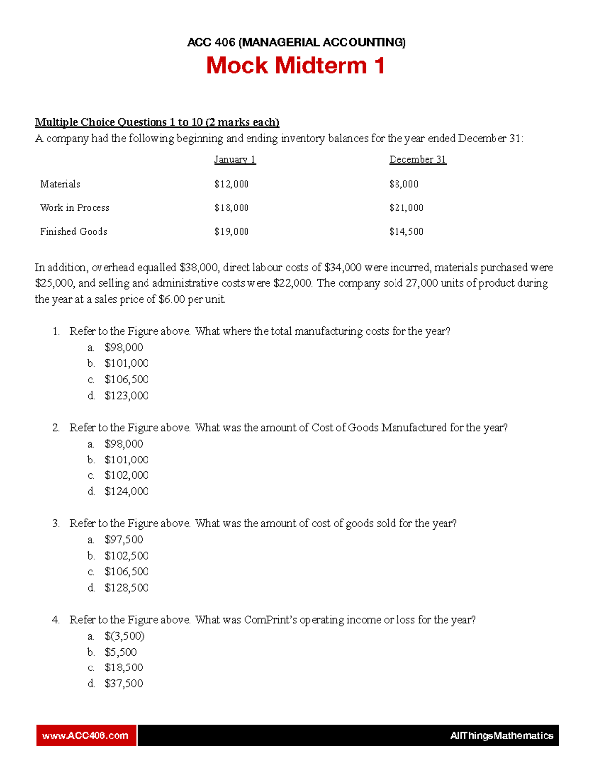 ACC 406 Mock Midterm 1 - ACC 406 (MANAGERIAL ACCOUNTING) Mock Midterm 1 Multiple Choice ...