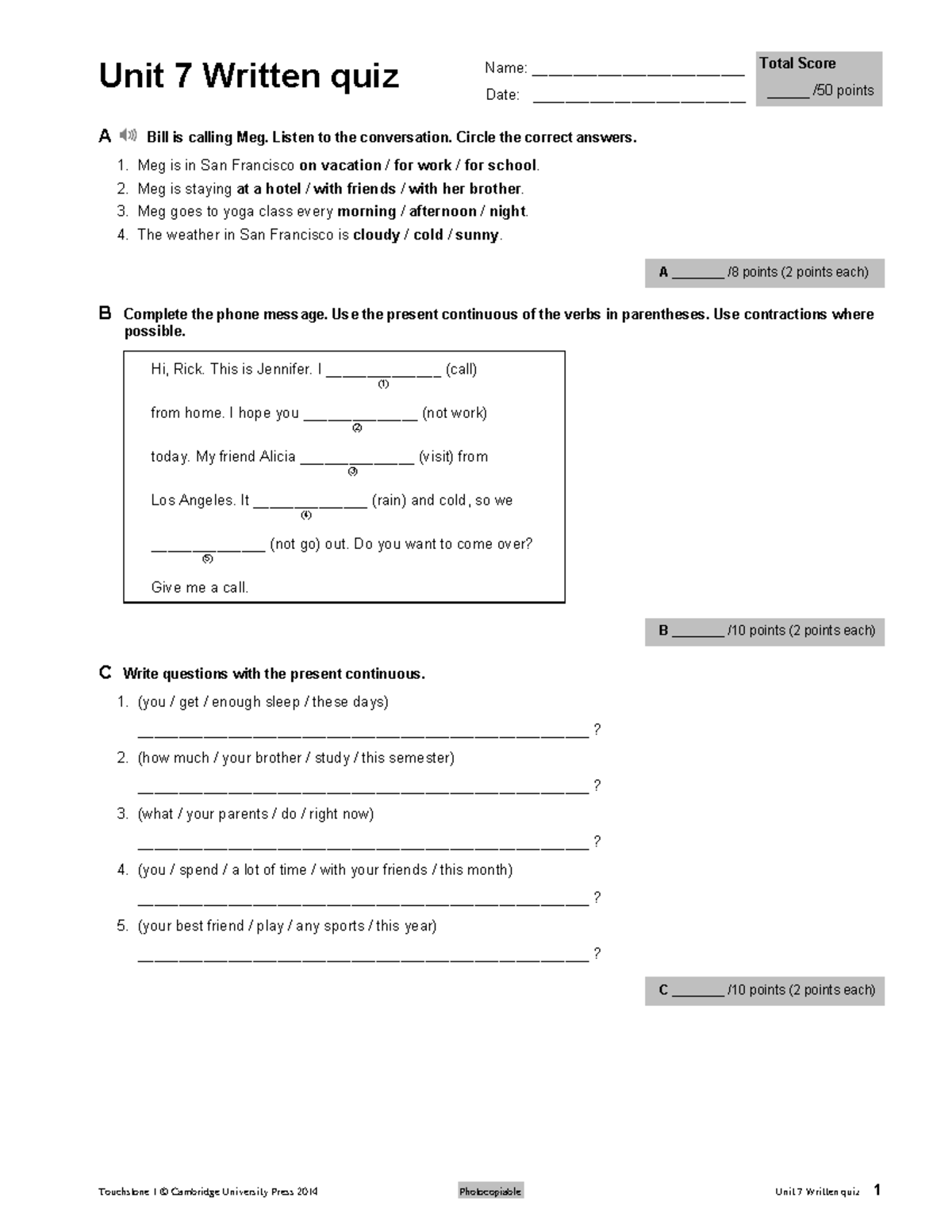 Touchstone 1 Unit 7 Written Quiz: Listening & Conversation Practice ...