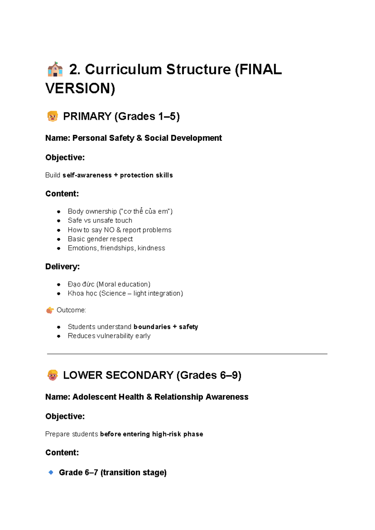 Curriculum Structure for Personal Safety & Health Education (Grades 1-9 ...