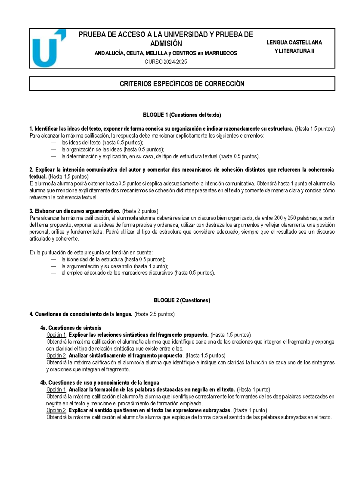 Criterios de Corrección - Lengua Castellana y Literatura II - Studocu