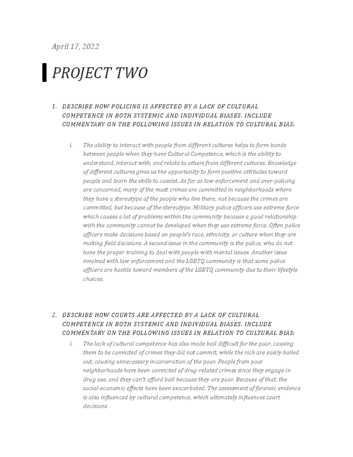 CJ 120 Project Two: Impact of Cultural Competence on Policing, Courts, and Corrections - Studocu