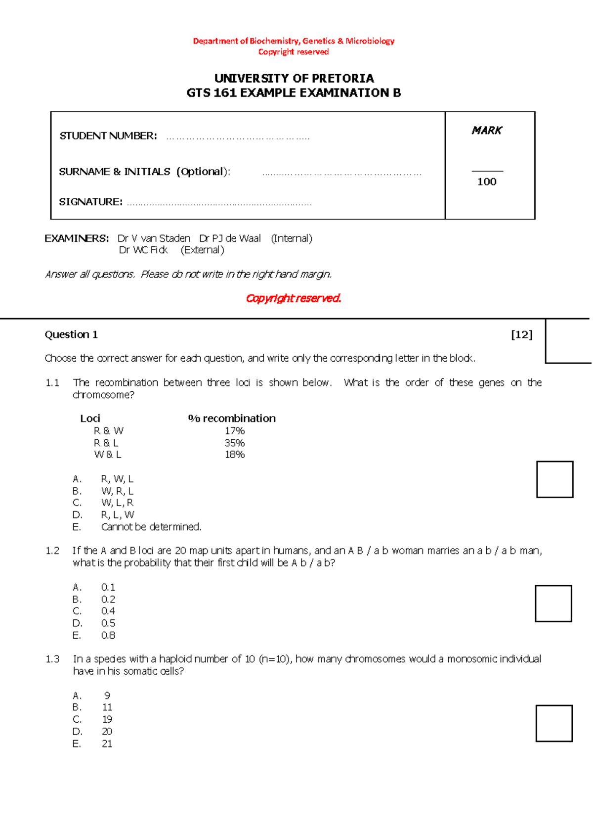 GTS 161 Example Examination B - Genetics and Inheritance Insights - Studocu