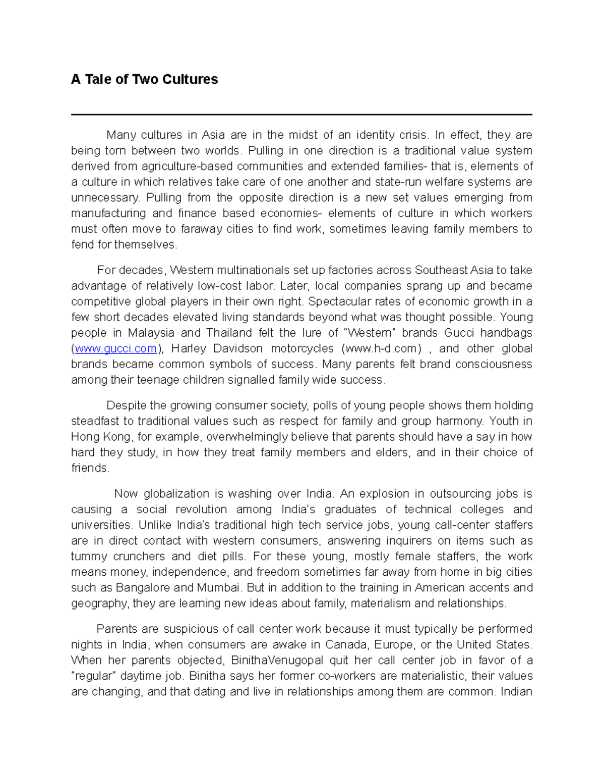 CASE Study The Tale of Two Culture - A Tale of Two Cultures - Studocu