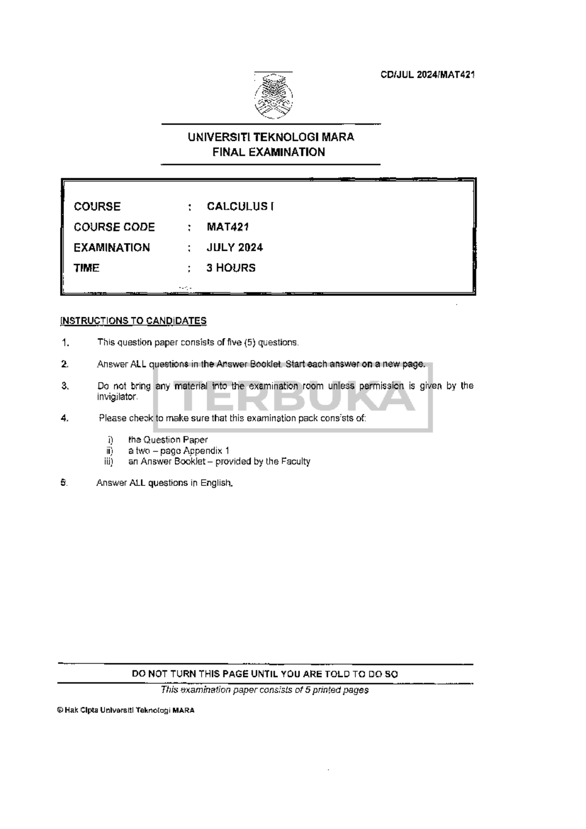 MAT421 Final Exam Paper - Calculus I July 2024 - Studocu