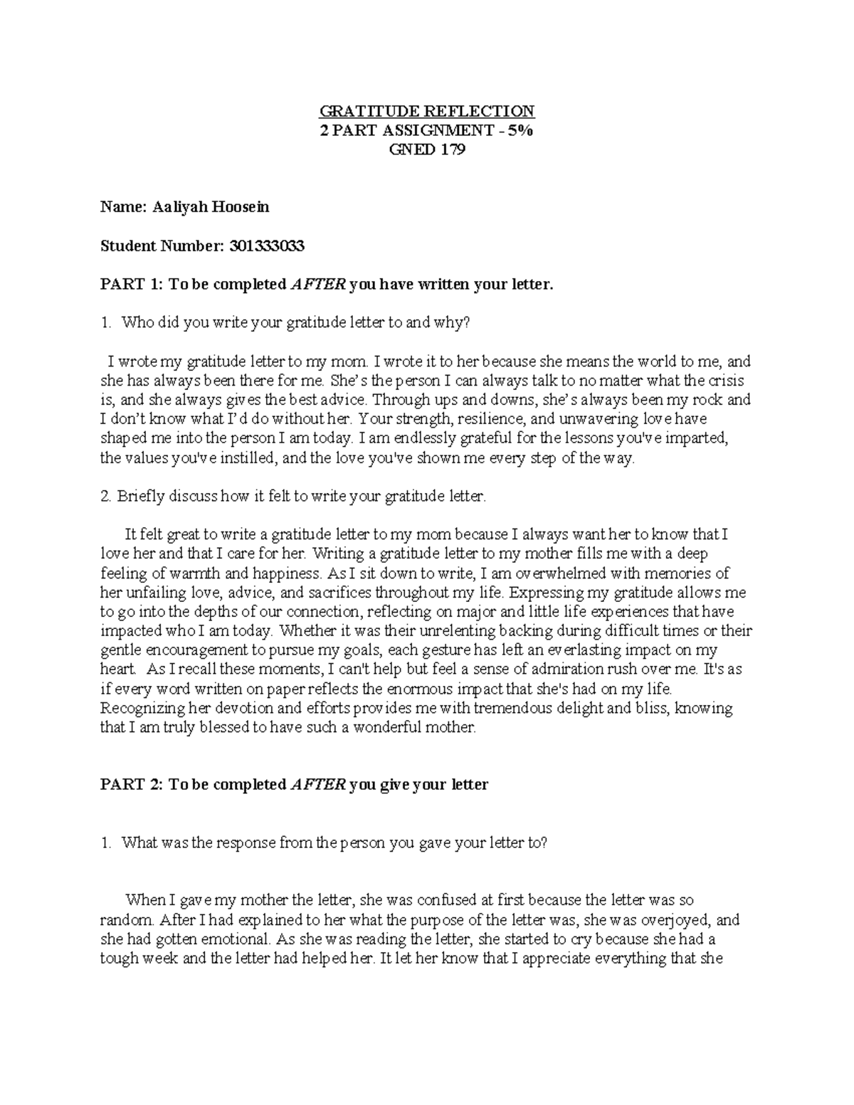 GNED 179 - Gratitude Reflection Assignment by Aaliyah Hoosein - Studocu
