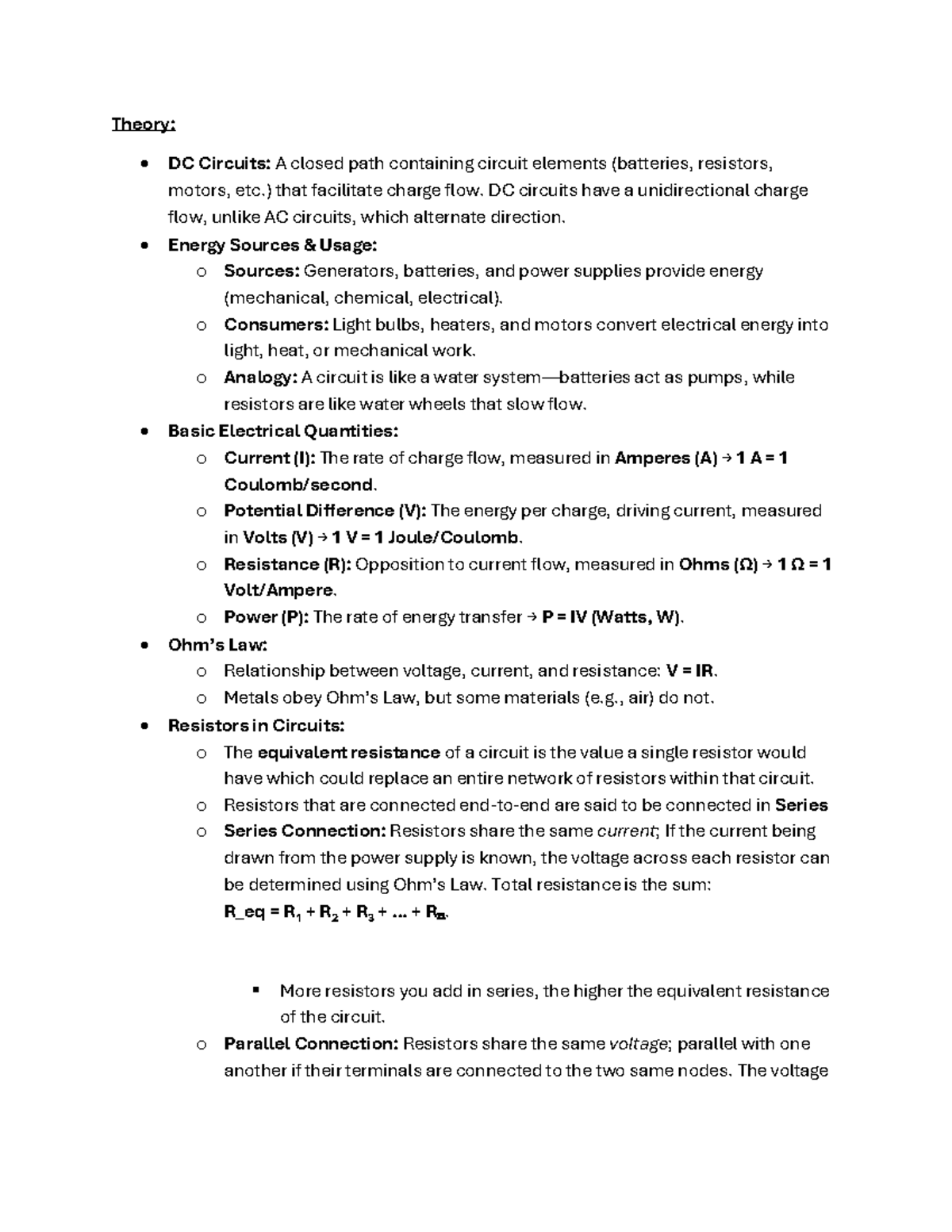 Lab Notes: Theory of DC Circuits and Basic Electrical Quantities - Studocu