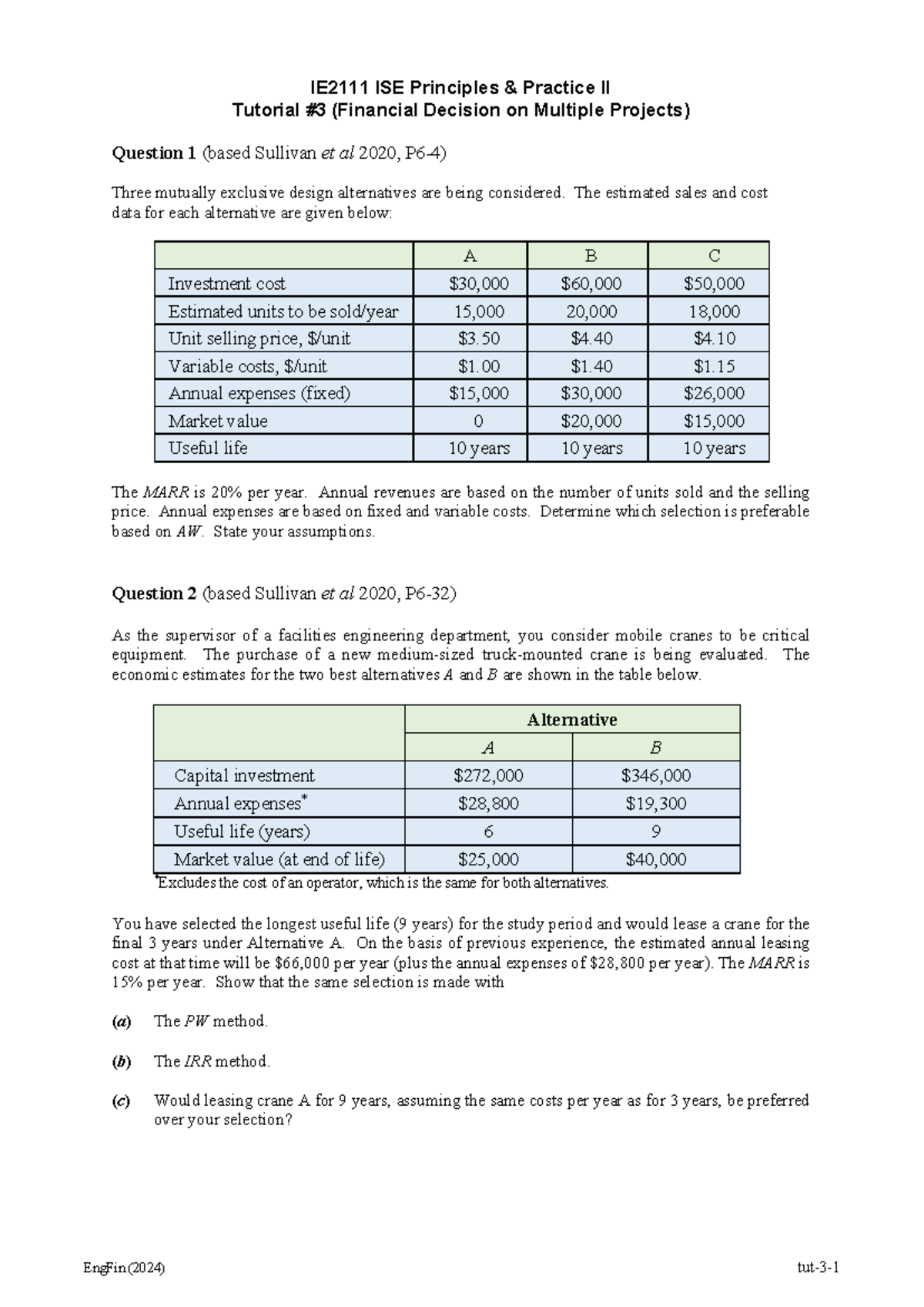 IE2111 Tut 3 - Financial Decision Making on Multiple Projects - Studocu