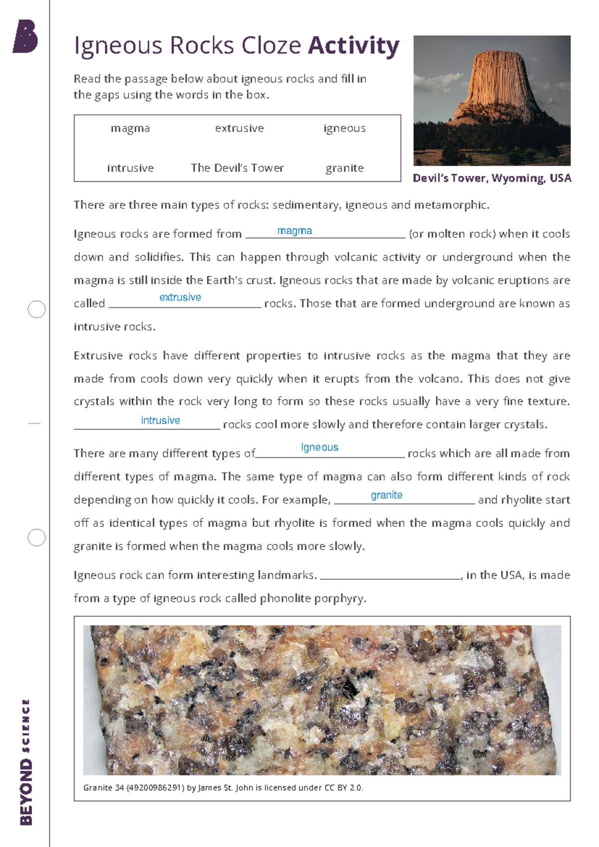 Igneous Rocks Cloze Activity - Igneous Rocks Cloze Activity Devil’s ...