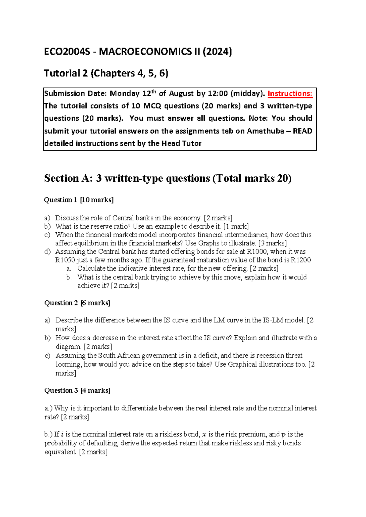 Tutorial 2 - ECO2004S - MACROECONOMICS II (2024) Tutorial 2 (Chapters 4 ...