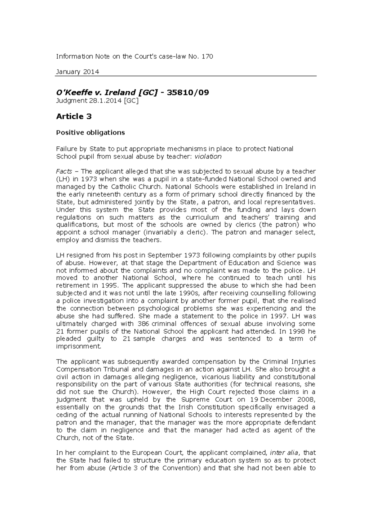 O'Keeffe v. Ireland [GC]: Judgment Overview on Child Protection ...