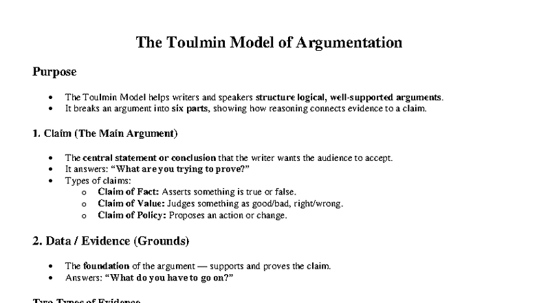 The Toulmin Model of Argumentation: Structure & Purpose - Studocu