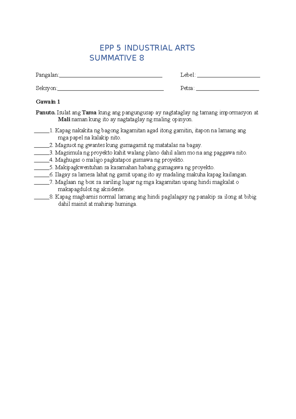 EPP 5 Industrial Arts Summative Assessment 8 Review and Guide - Studocu